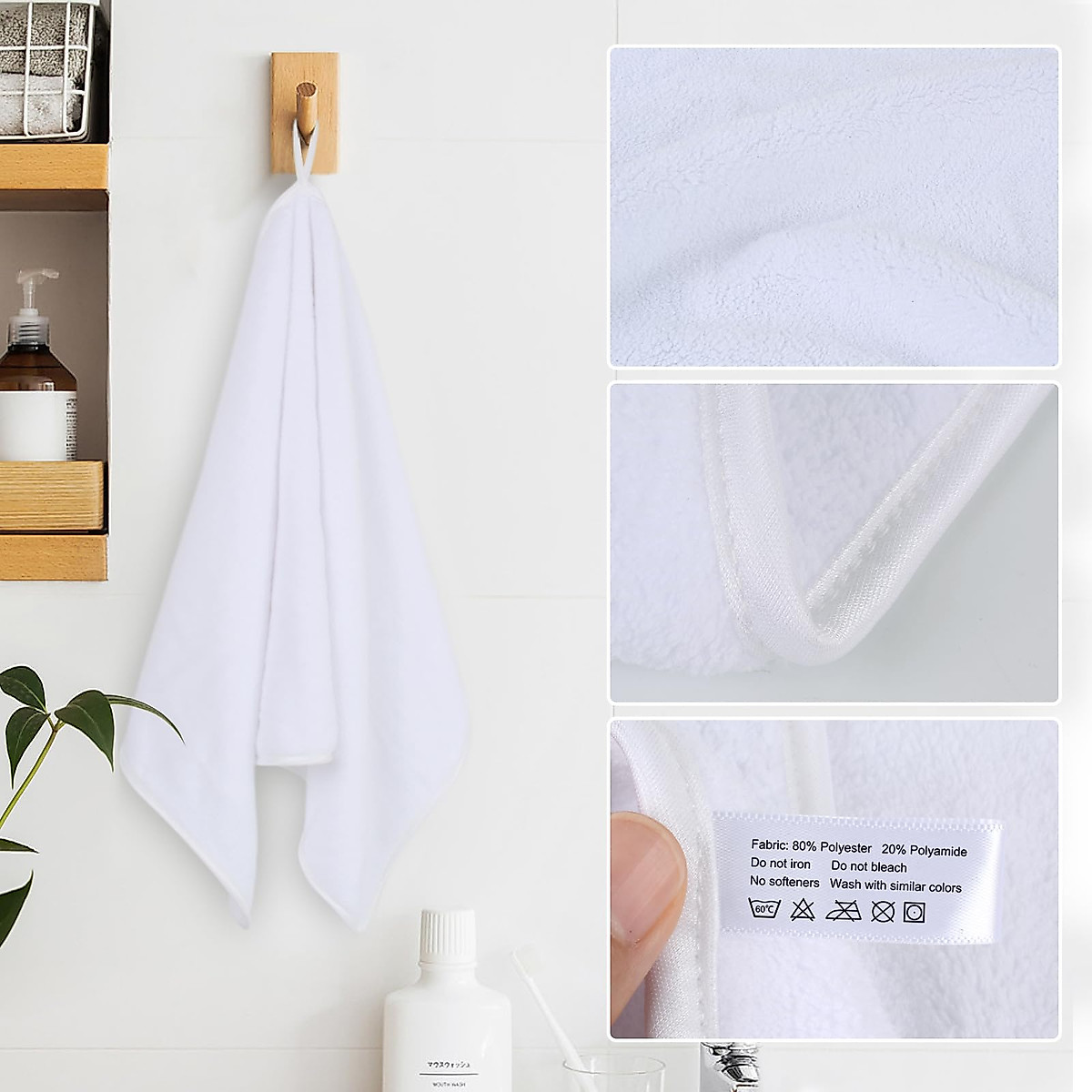 SINLAND Microfiber Hand Towels for Bathroom Super Soft Washcloth for Home Spa Sports Face Towels Hair Towels 16Inch x 30Inch White 3Pack