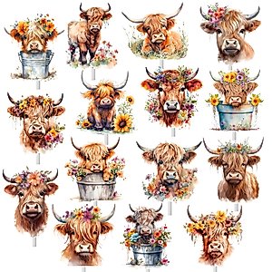 36Pcs Highland Cow Cupcake Toppers Highland Cow Birthday Decorations Highland Cow Party Supplies Highland Cow Cattle Cake Decorations for Farm Animal Birthday Party Baby Shower Supplies