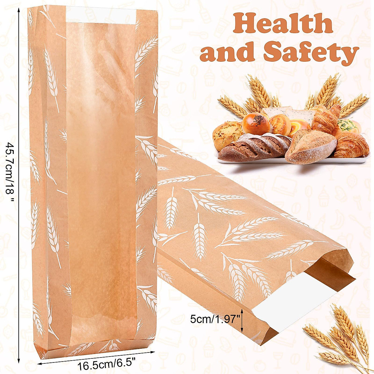 Affrolling 100 Pcs Paper Bread Bag with Window Bulk for Homemade Bread Bags Long French Bread Bags 18" x 6.5" x 2" Bakery Storage Bag Kraft Loaf Storage Sacks for Biscuits Packaging (White Brown)