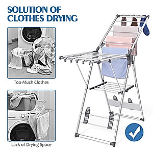 TOOLF Clothes Drying Rack, Aluminum Foldable 2-Level Drying Racks for Laundry, Large Foldable Laundry Stand with Height-Adjustable Gullwings, Sock Clips Hooks for Bed Linen, Clothing, Socks, Scarves