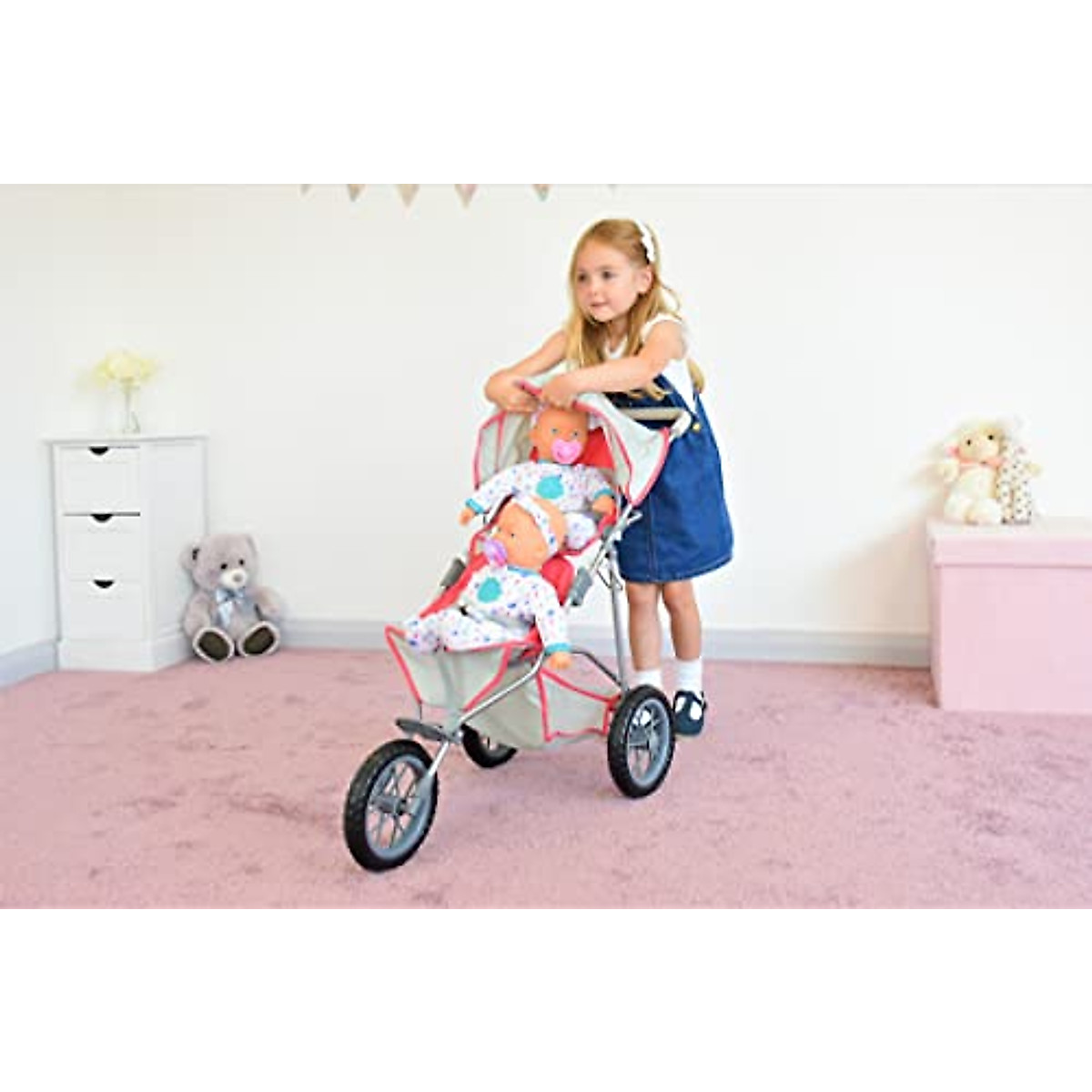 KOOKAMUNGA KIDS Baby Doll Stroller Deluxe Double | Foldable Twin Jog Pram | Retractable Canopy | Premium Pink & Gray Fabric | Soft Grip Handle | Storage Basket Underneath