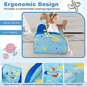 Costzon Kids Couch, 3 in 1 Convertible Flip Open Children's Sofa w/Foam-Padded Seat, Toddler Armrest Chair Bed for Nap, Fold Out Lounger Kids Sofa, Gift for Children Boys Girls (Space Airplane)