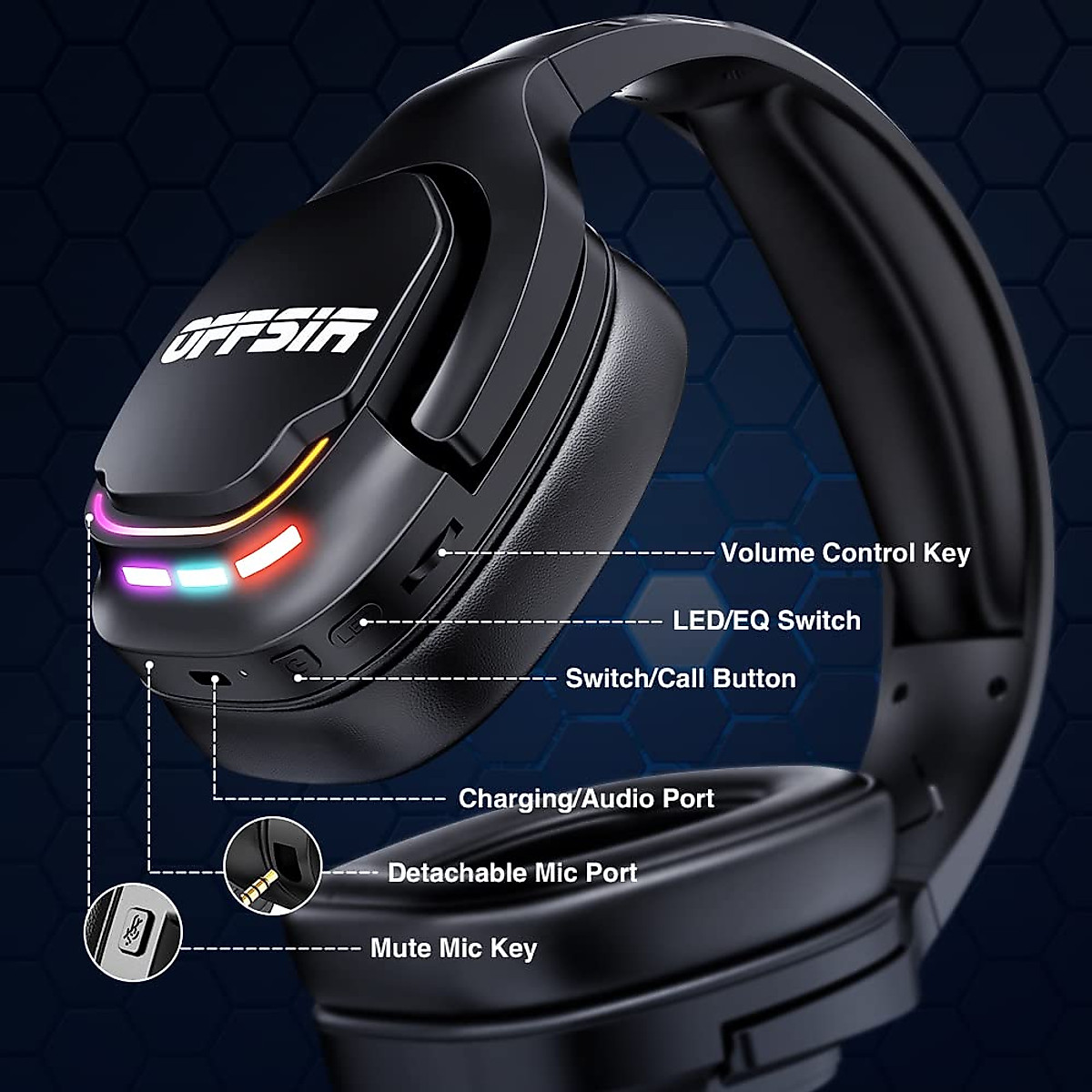 OFFSIR Wireless Gaming Headset with Noise Cancelling Microphone for PC PS5 PS4,Bluetooth Gaming Headset Surround Sound 2.4G USB Gamer Headphones with Mic RGB Lights for PlayStation Mac Computer Laptop