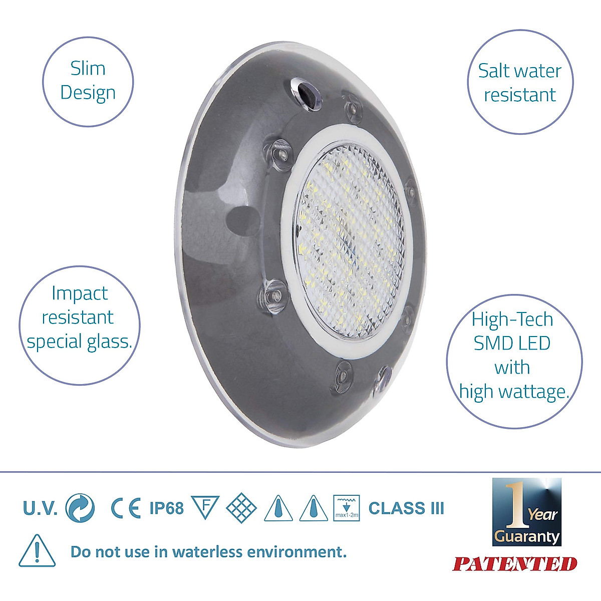 Al Aker Lighting LED Underwater Boat Lights, 25W 12V (Blue, Green, White LED Colour Options), Surface Mount for Boats, Yachts, Cruise Ships, Sailboat, Pontoon, Transom (Blue 1300 lumen)