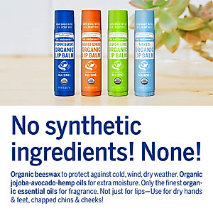Dr. Bronner's - Organic Lip Balm Variety Peppermint, Orange Ginger, Naked, Lemon Lime) - Made with Organic Beeswax and Avocado Oil, For Dry Lips, Hands, Chin or Cheeks, 0.15 Ounce (Pack of 4)