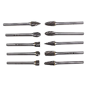 BHA Tungsten Carbide Burr Die Grinder Rotary Tool Bit Set for Metal Engraving and Precision Work, Double Cut with 1/8” Shank - 10 Pieces