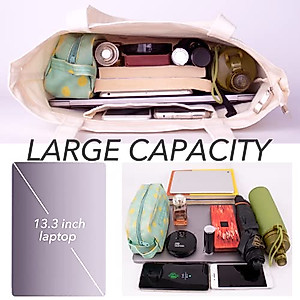 LAFORTIS Aesthetic Canvas Tote Bag with Zipper Inner Pocket, Cute Bear White Cotton Shopping Reusable Grocery Bags for Women Teachers as Gifts