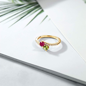 Gem Stone King 18K Yellow Gold Plated Silver Red Ruby and Green Peridot Bypass Ring For Women (0.89 Cttw, Gemstone July Birthstone, Round 4MM, Available In Size 5, 6, 7, 8, 9)