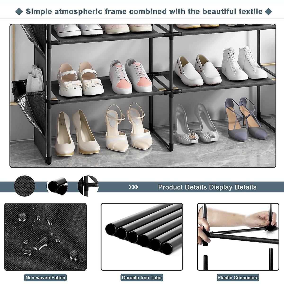 Amazer 4 Tiers Shoe Rack for Closet, Shoe Storage Organizer for 16-20 Pairs of Shoes, Shoe Shelf with Removable Pocket for Entryway Bedroom Hallway, 34.6x11x21.4 Inches (Black)