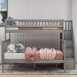 Harper & Bright Designs Twin Over Full Bunk Beds with Stairs, Wood Bunk Bed with Storage and Guard Rails,Bunk Beds Twin Over Full Size for Kids, Bedroom, Dorm, Teens, Adults, Grey