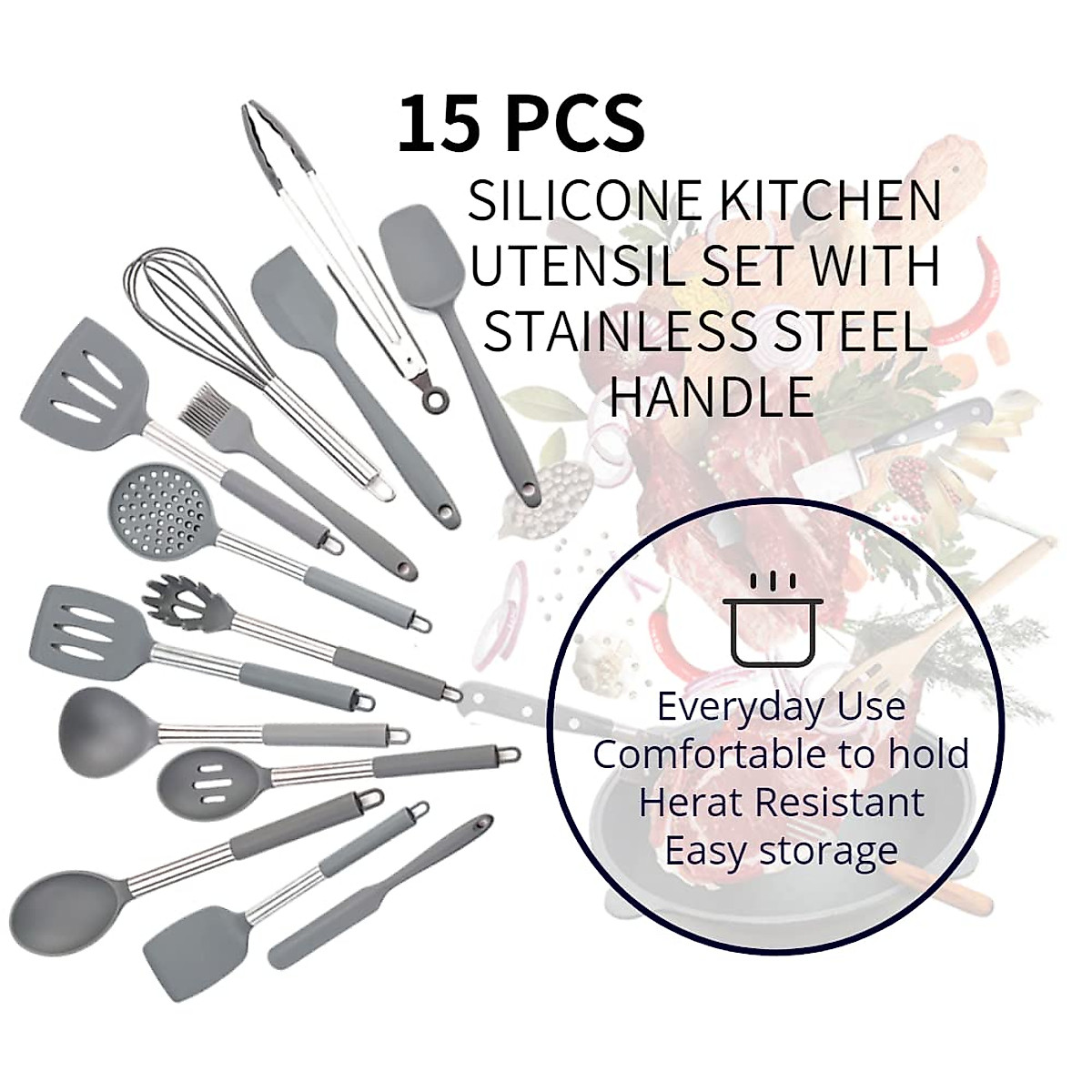 DMFC Kitchen Utensils Set 15 Pieces Kitchenware Supplies Set Silicone Stainless Steel Handle Cooking Nonstick Pot High Temperature Resistant Spatula Spoon Kitchenware.(Grey)