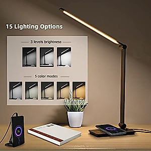 BRUSIORI Desk Lamp with Wireless Charger, Dimmable Desk Light with 5 Colors Modes, 3 Brightness Levels, Extra USB Charging Port, Foldable LED Desk Lamps for Bedroom Office Bedside Study