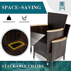 Shintenchi 5 Piece Patio Dining Set, Wicker Patio Conversation Set with Wood Table Top, Outdoor Table and Chairs with Soft Cushions for Backyard, Deck and Garden, Brown Rattan