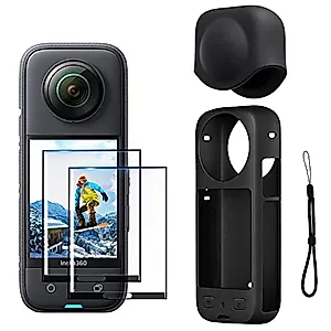 CYNOVA Insta 360 X3 Accessories Kit, Lens Cap Silicone Case with 2 Pcs Tempered Glass for Insta360 X3 Protector Bundles (Black)