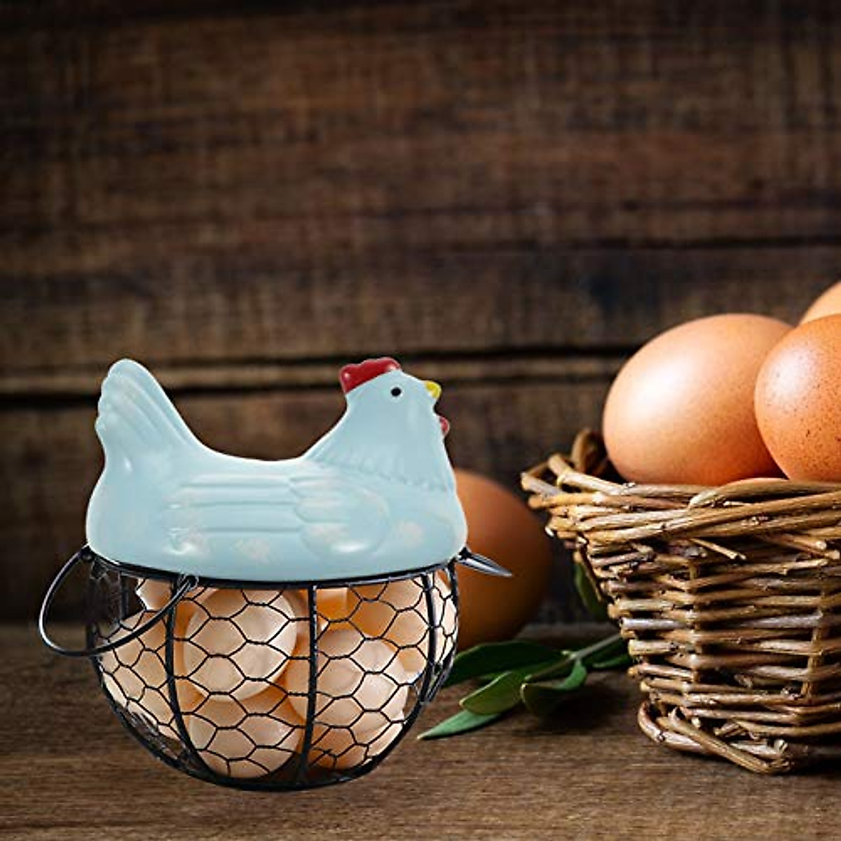 Round Chicken Wire Egg Baskets, Rustic Metal Egg Baskets for Fresh Eggs with Handle, Egg Holder Countertop Basket with Ceramic Lids, Country Farmhouse Vintage Style Gathering