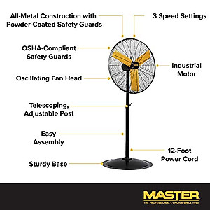 Master 24 Inch Oscillating Industrial High Velocity Pedestal Fan - Direct Drive, All-Metal Construction with OSHA-Compliant Safety Guards, 3 Speed Settings (MAC-24POSC)