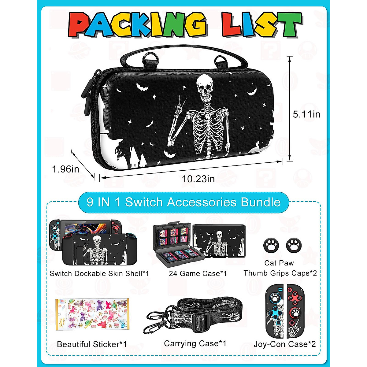 Gurgitat 9in1 Skull Skeleton Switch Case for Nintendo Switch Carrying Cases & Storage Accessories Bundle Kit Thumb Grips+Game Holder+Dockable Skin+Shoulder Strap+Sticker for Switch Travel Pouch Bag