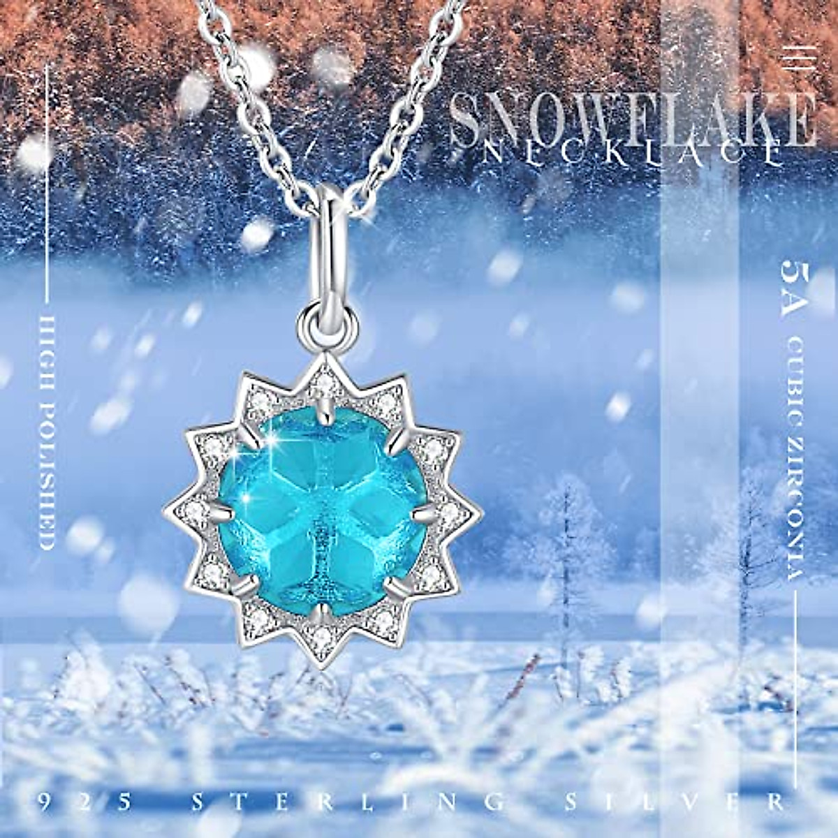 Snowflake Necklace 925 Sterling Silver with Blue CZ Snowflake Pendant Necklace Jewelry Gift for Women Her Birthday Chrismas