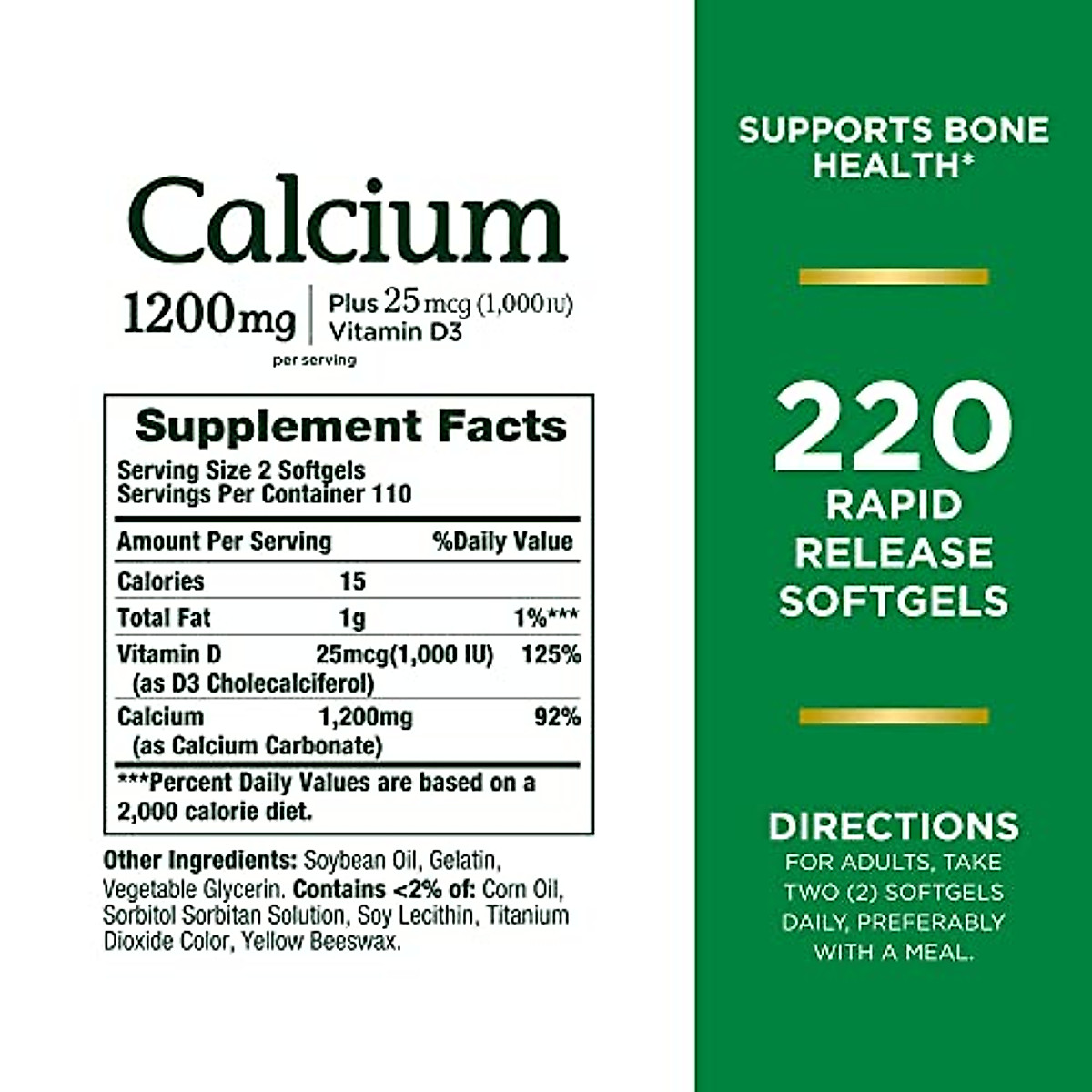 Nature’s Bounty Calcium 1200 mg With Vitamin D3, Bone Health & Immune Support, 1000 IU, 220 Softgels