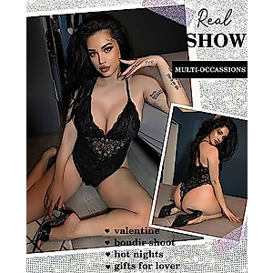 Avidlove Sna-p Crotch Lingerie Women Deep V Lace Teddy Bodysuit One Piece Babydoll(Black,XL)