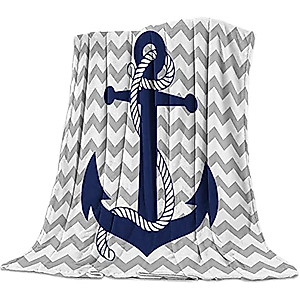 Flannel Fleece Luxury Lightweight Cozy Couch/Bed Super Soft Warm Plush Microfiber Throw Blanket,Nautical Navy Anchor with Gray and White Chevron (40 x 50 Inches)