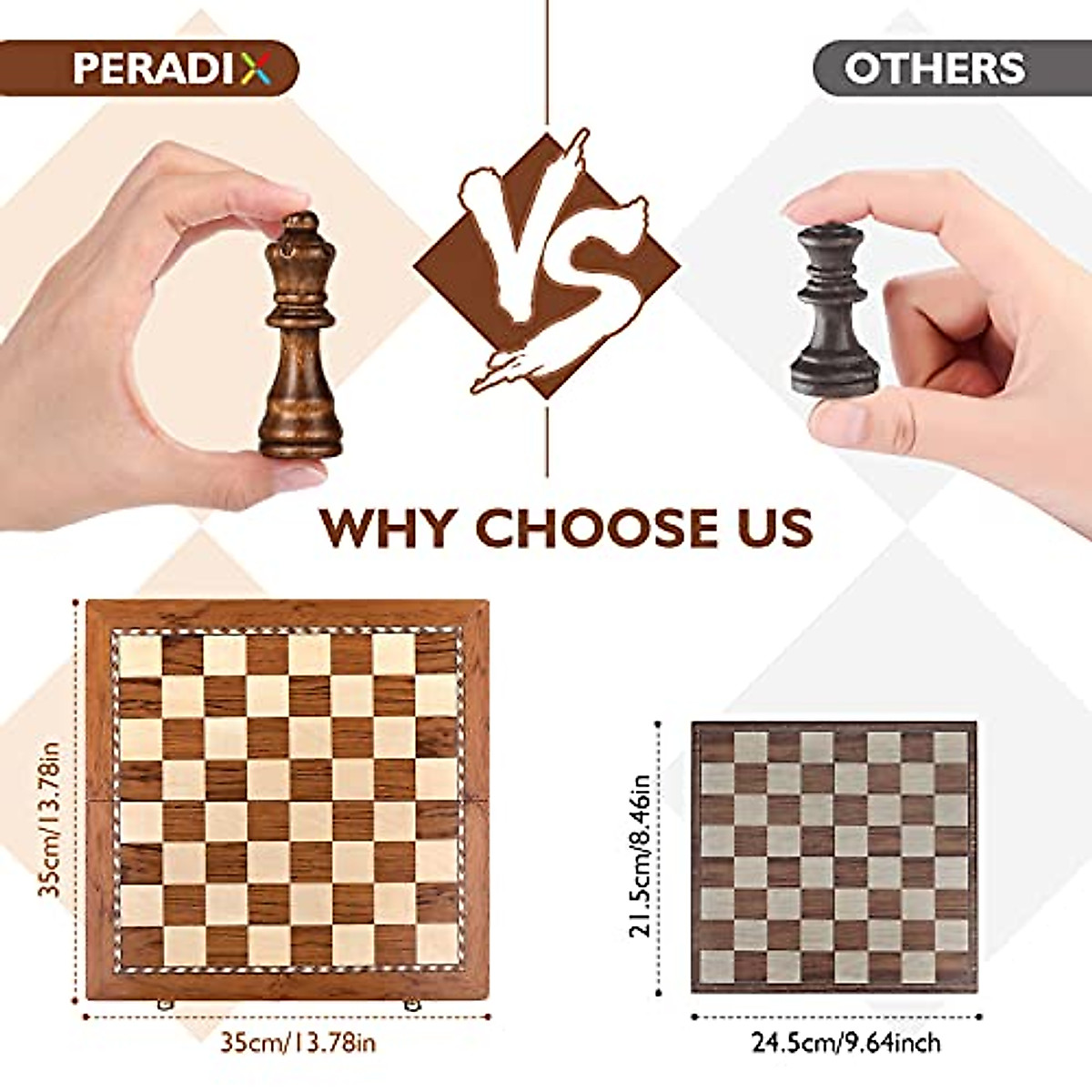 Peradix Chess Set | Magnetic Wooden Chess Board Piece Set Games | 13.8" Folding Chessboard for Storage | 2 Extra Queen | Strategy Educational Games for Kids and Adult