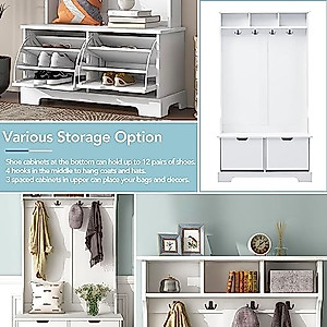 CuisinSmart All in One Hall Tree with 3 Top Shelves and 2 Flip Shoe Storage Drawers, Entryway Coat Garment Rack Storage, Hall Tree with Bench and Shoe Storage, White