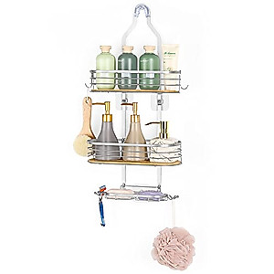 Fogein Shower Caddy Over Shower Head, Hanging Shower Caddy, Shower Basket with Suction Cup, Bathroom Shower Caddy Over The Door with Bamboo Board Hook & Soap Box, No Drilling(3 Tier, Silver)