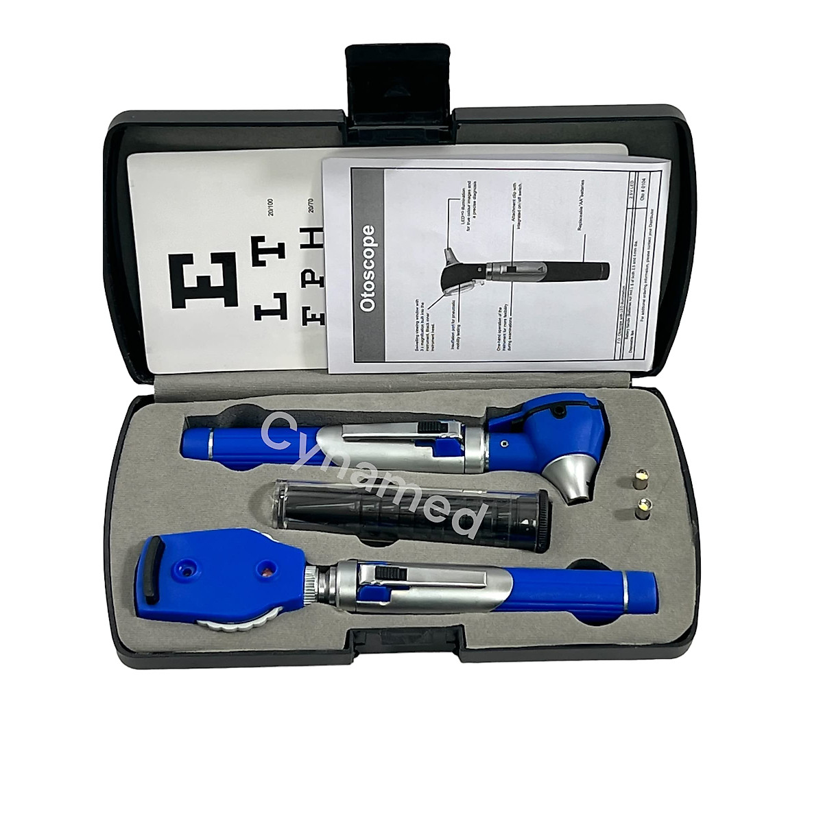 Cynamed Otoscope Set - Fiber Optic Double Handle Multi-Function Ear Scope for Ear & Eye Examination - Includes Hard Case (Blue)