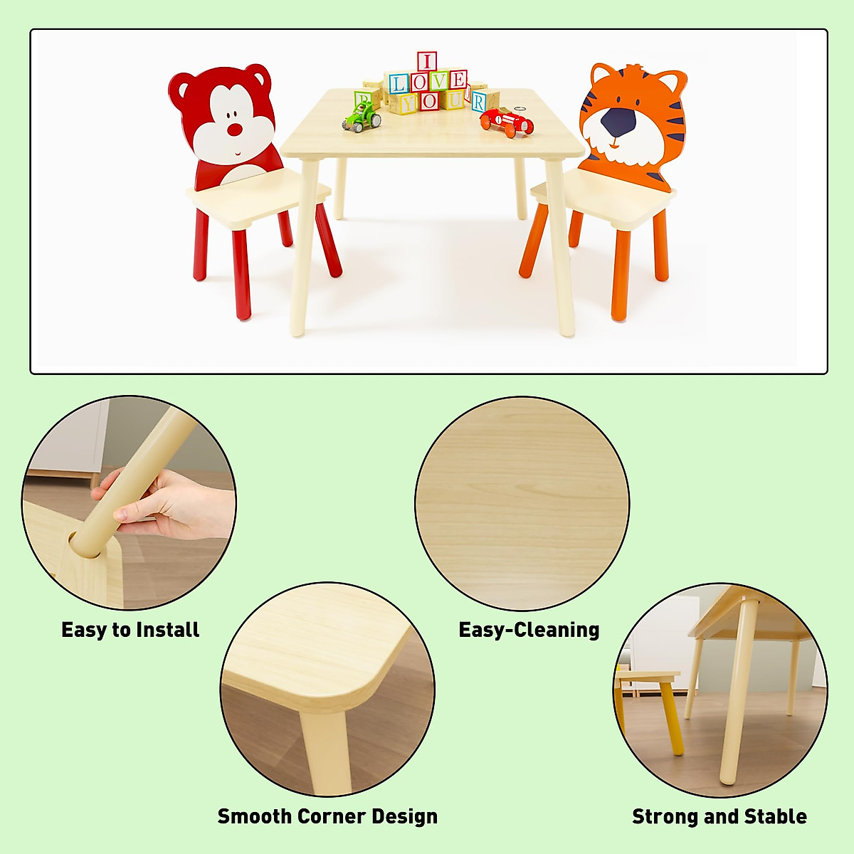 BAOMKONG Kids Table and Chairs, Childrens Table and Chair Set of 3 Piece, Wooden Cartoon Animals Design, Ideal for Arts & Crafts, Gift for Ages 2+, Bear & Tiger
