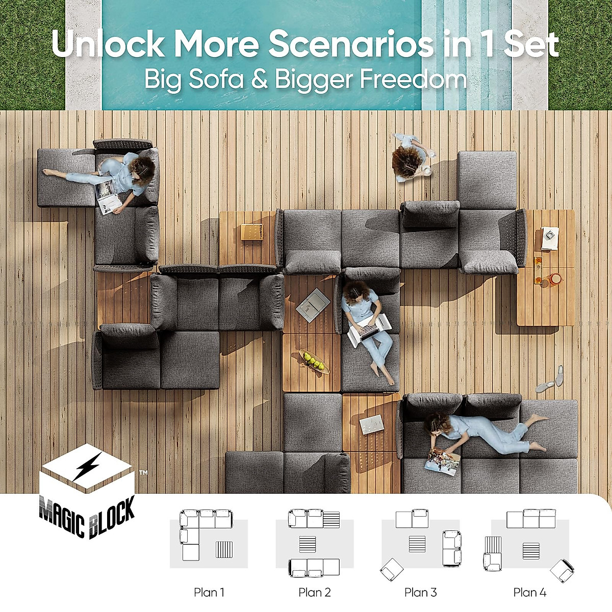 WOWT Modular Sectional Sofa, Convertible L Shaped Couch Set with Rattan Armrest,Modern Modular Sectional Sofa, 5-Seater Corner Sectional Sofa for Living Room,Apartment,Garden,Gray