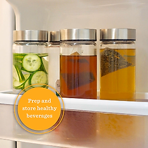 Juice Bottles - 4 Pack Wide Mouth Glass Bottles with Lids - for Juicing, Smoothies, Infused Water, Beverage Storage - 16oz, BPA Free, Stainless Steel Lids, Leakproof, Reusable, Borosilicate