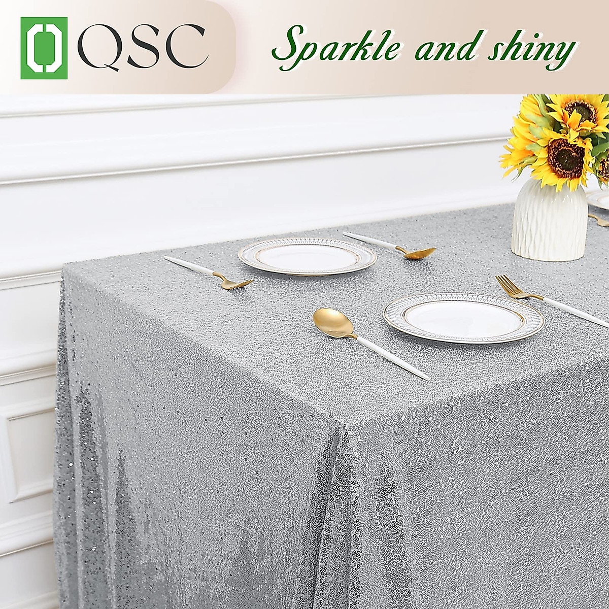 OQSQ Silver Sequin Tablecloth 50x80 inch, Sparkle Sequence Table Cover Glitter Drape Table Cloth Decorations Wedding Birthday Party