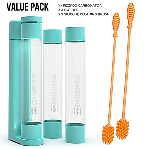 Fizzpod Home Soda Maker Sparkling Water Carbonator With 3 Bottles and 2 Bottle Brushes (Aruba Blue)