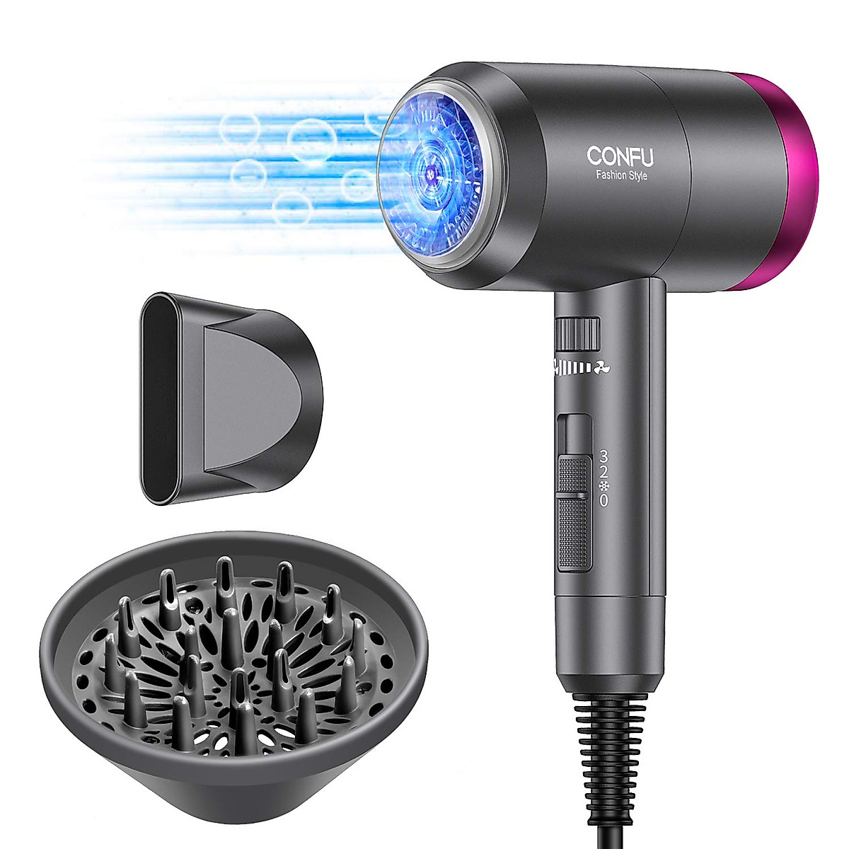 Hair Dryer CONFU Blow Dryer 1600W Ionic Hairdryer Portable Blowdryer with Diffuser Lightweight Quick Drying ETL Certified for Home & Travel (Dark Grey)