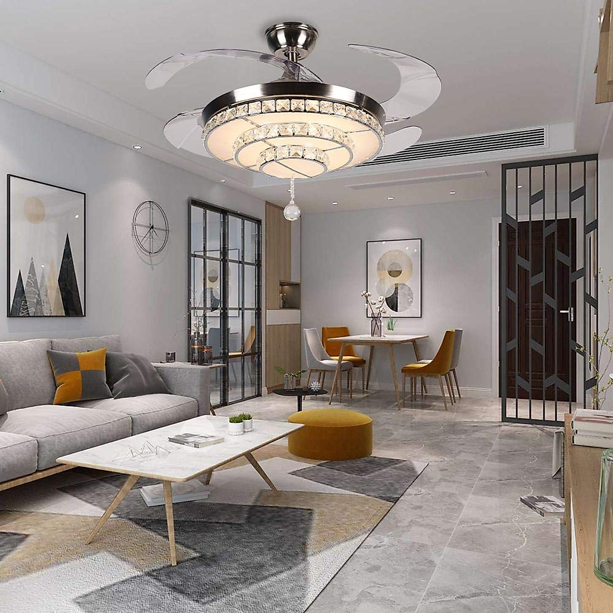 efperfect 42" Crystal Ceiling Fan with Light Retractable Blades Chrome Modern LED Chandelier Remote 3 Color Changes 3 Speeds Silent Ceiling Fans Lighting Fixture, LED Kits Included