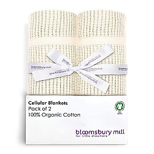 Bloomsbury Mill - 2-Pack 100% Organic Cotton Cellular Baby Blankets with Gifting Ribbon – Soft, All Natural & Breathable - Nursery/Stroller/Bassinet/Crib - Cream