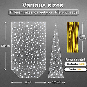 Bottom Gusset Bags 50Pcs 8X12" Silver Star Clear Cellophane Bags Plastic Gift Bags Cello Bags Treat Bags Bulk Party Favor Goodie Cookie with Gold Twist Tie