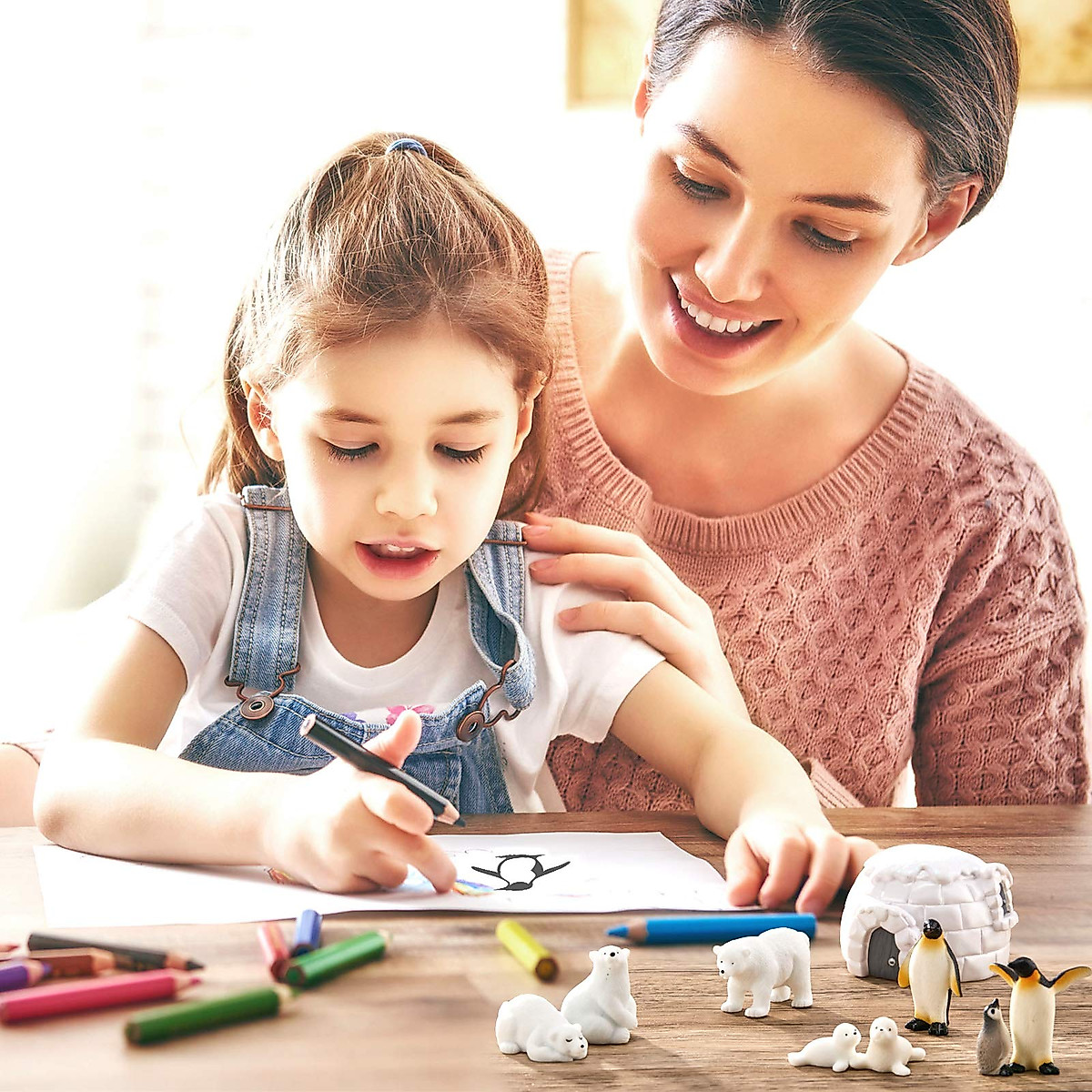 9 Pieces Polar Animal Toy Figurines Set with Igloo Realistic Polar Bear Figures Emperor Penguin Figurines Seal Figure Toys for Birthday Baby Shower Christmas Party Decoration Supplies