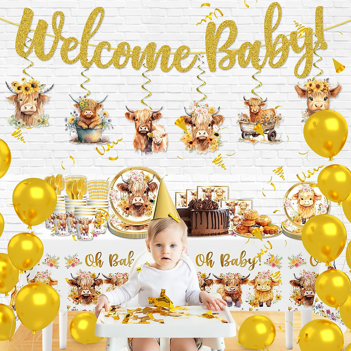 Yingoto 148pcs Brown Cow Baby Shower Decorations Tableware Set for 20 Guests, Cowboy Cowgirl Baby Shower includes Brown Cow glitter Banner Hanging Swirls Plates Napkins Cup Fork Straw and Tablecloth