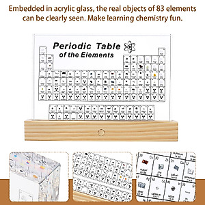 OCTAOR Periodic Table of Real Elements, Wooden Base with RGB Lighting and Magnifying Glass, Student Chemistry Learning Tool, Larger Size Acrylic Science Gift and Craft (8.3 x 5.5 inch)