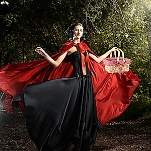 Red Cape, Red Hooded Cape with Small Basket Lined with Gingham Lining, Full Long Velvet Cape with Picnic Basket for Halloween Costume Women