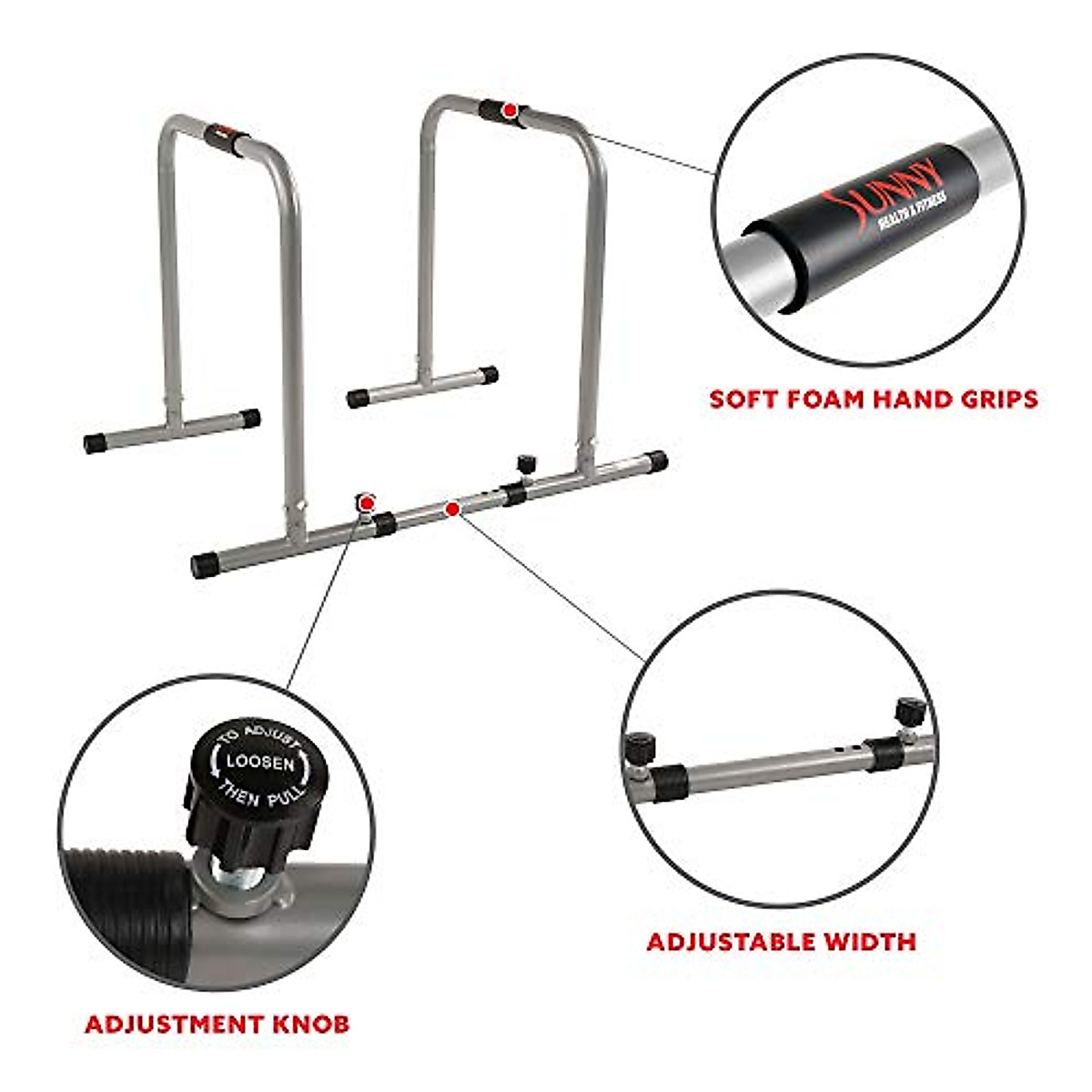 Sunny Health & Fitness SF-BH6507 Dip Station Body Press Parallel Bar with Adjustable Length and Foam Grips