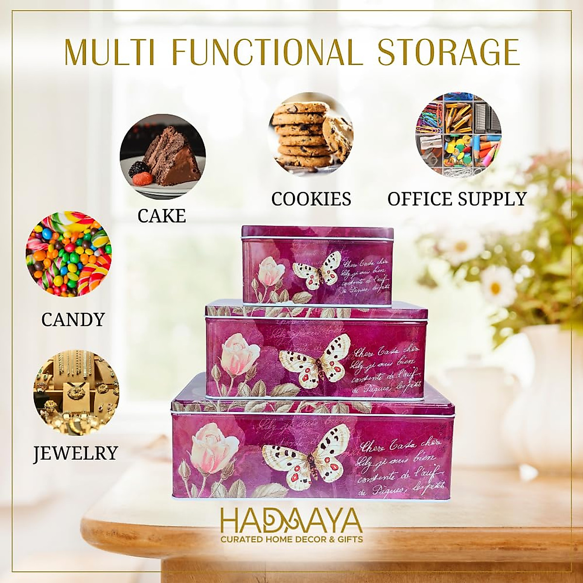 hadaaya Pack of 3 Rectangle Cookie Tins With Lids Multipurpose Tin Container for Cookies,Candies, Kitchen Storage, Stationery - BURGUNDY FLORAL BUTTERFLY