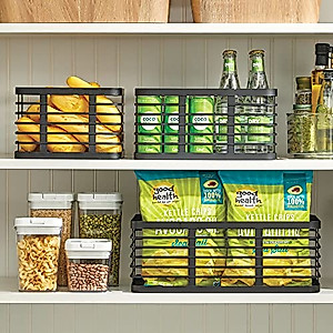 mDesign Steel Metal Wire Kitchen Food Storage Organizer Bin Basket for Pantry Organization - Wired Farmhouse Basket with Handle for Shelves - Carson Collection - 3 Pack, Matte Black