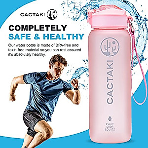 Cactaki 32 oz Water Drinking Bottle with Time Marker - Stay Hydrated - Hydration Tracker & Reminder to Drink With Hourly Measurement Markings - Leak Spill Proof & BPA Free