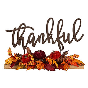 Glitzhome Autumn Harvest Table Centerpiece - Metal Thankful Sign with 24" L Artificial Floral Maple Leaves Pumpkins Pinecones and Berries Arrangement for Harvest Party Thanksgiving Fall Ornaments