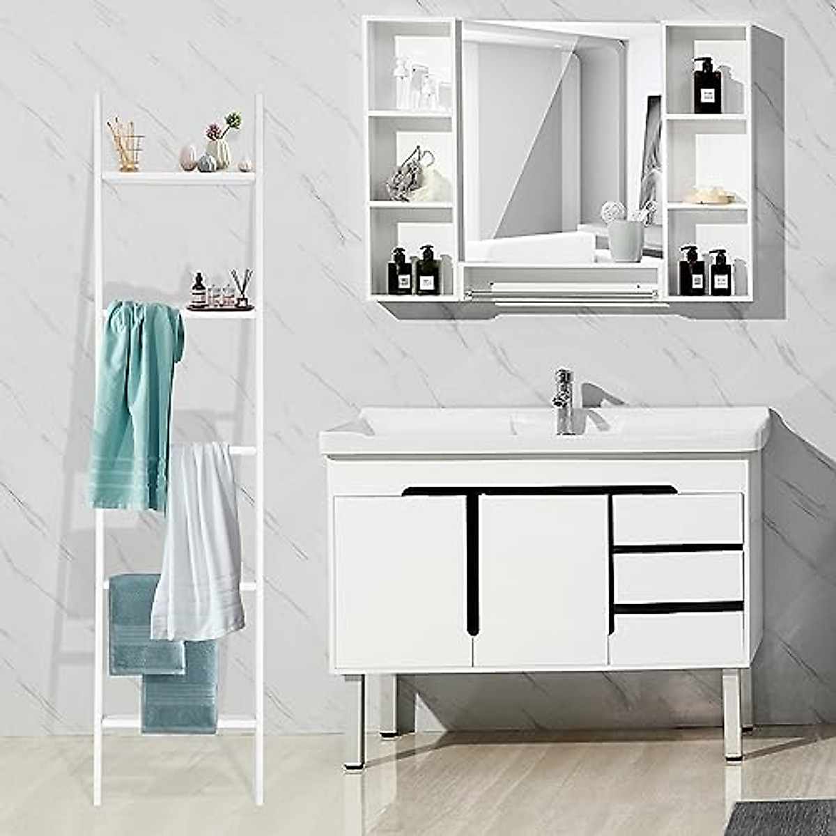Babion Blanket Ladder, 5-Tier Ladder Shelf, Ladder Bookshelf, Wood Blanket Ladder, Wall Leaning Wooden Towel Blanket Ladder Storage Rack for Bathroom, White