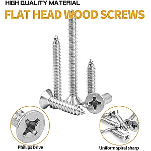 VIGRUE 450Pcs Stainless Steel Wood Screws Set #4#6#8#10#12 Phillips Flat Head Sheet Metal Screw Self Tapping Screws Assortment Kit, Length 1/4" to 2"