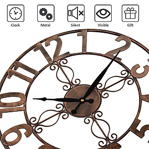 UMEXUS Outdoor Indoor Retro Wall Clock Waterproof, 18 Inch Metal Cut Out Large Decorative Silent Non Ticking Wall Clock for Living Room, Patio, Garden, Office, Home Decor (Copper)